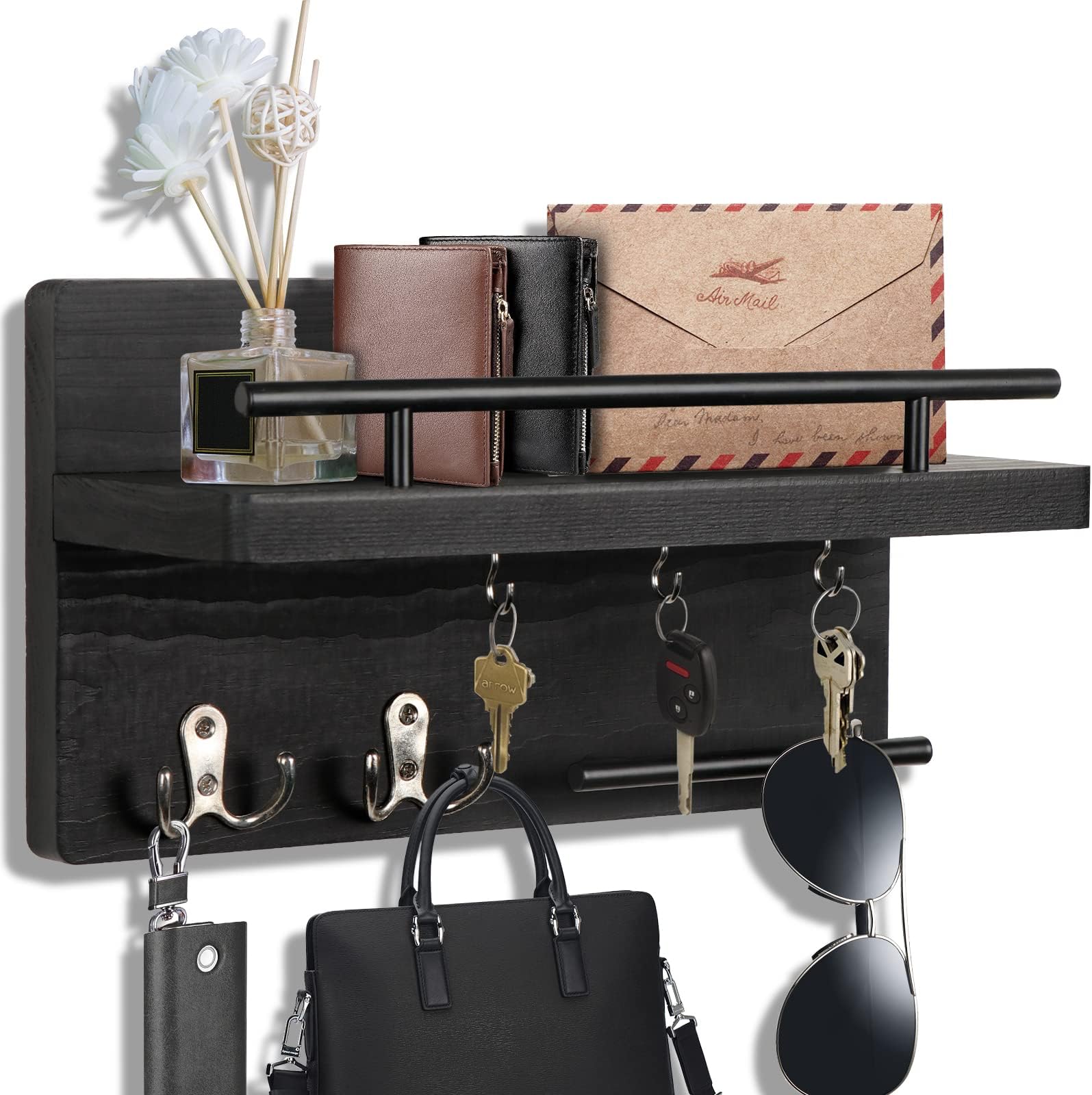 SWTYMIKI Key Holder with Wood Tray and 6 Hooks, Wall Mounted Key Racks ...
