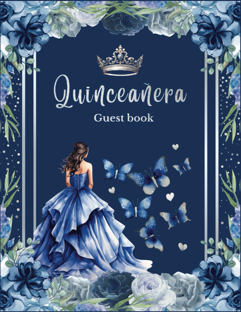 Quinceanera Guest Book Royal Blue and Silver, Elegant Floral Roses ...