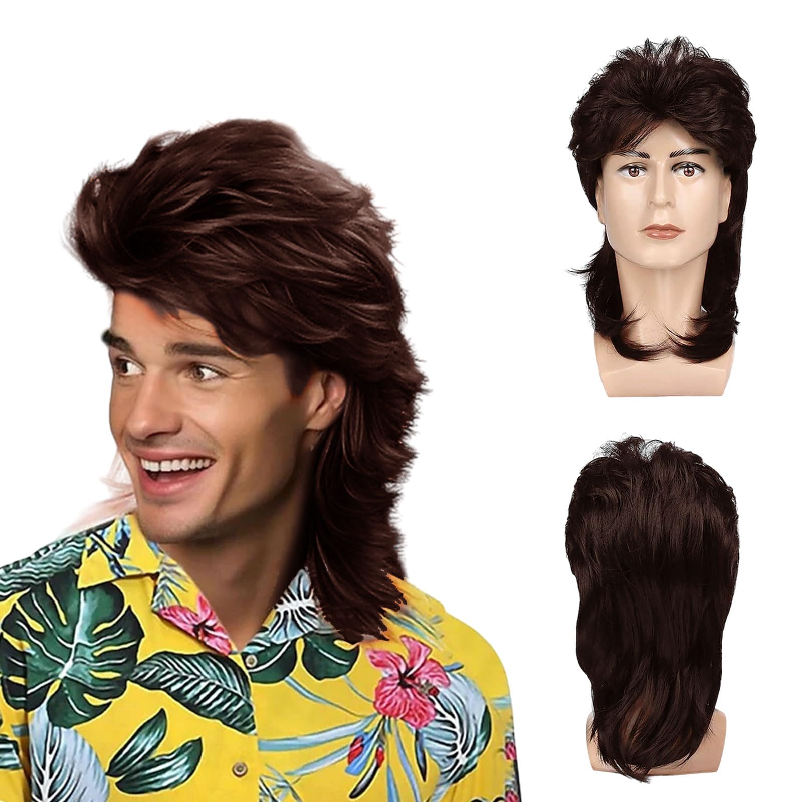 UILYNIU Brown Mullet Mens 70s 80s Wig Men's Long Wig Curly Wigs, Mens ...