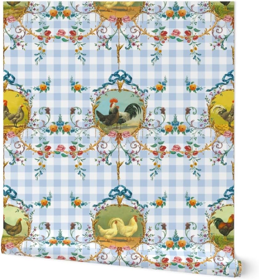 Peel & Stick Wallpaper Swatch - Flowers Gingham Roosters Blue White ...