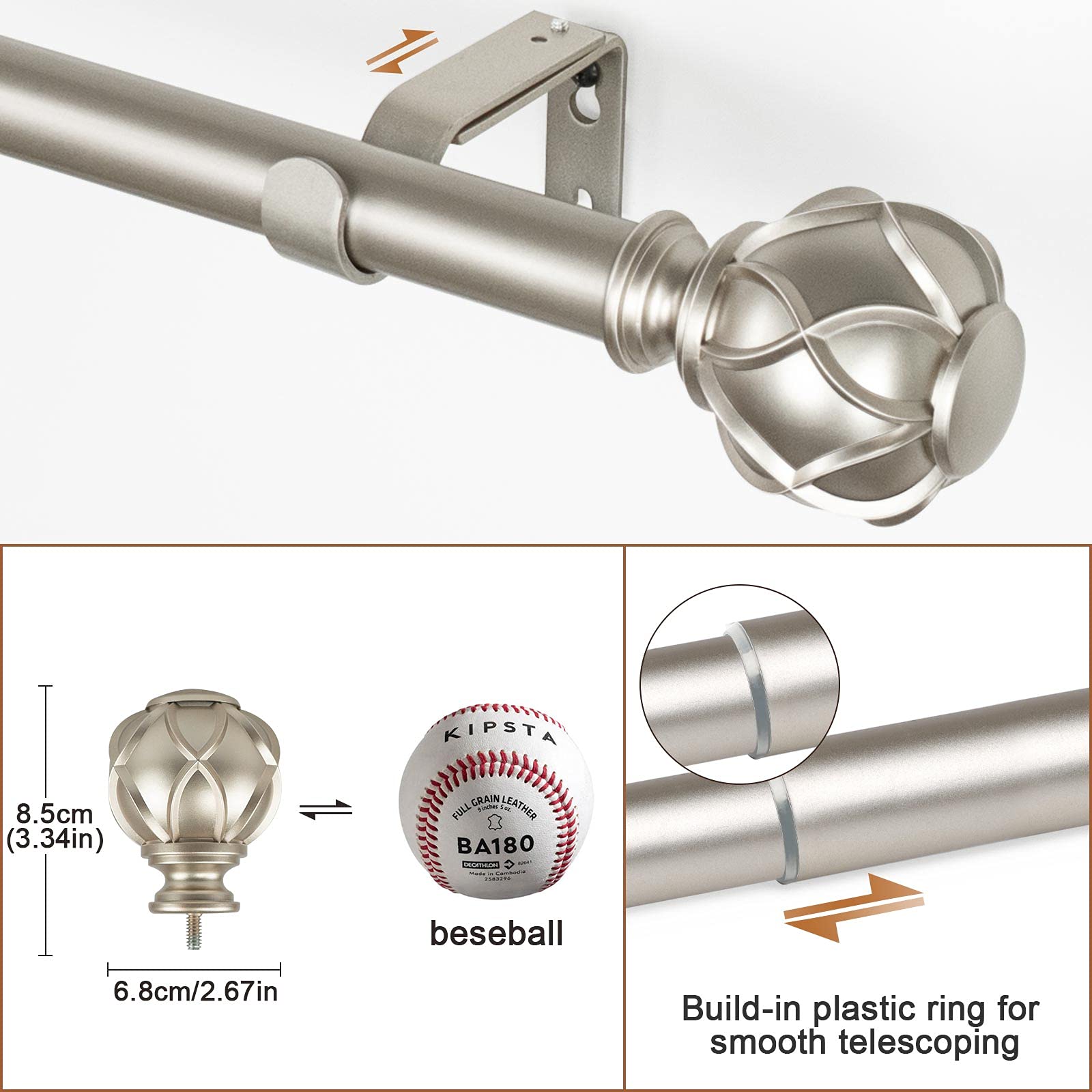 KAMANINA 1 Inch Curtain Rod Telescoping Single Drapery Rod 72 to 144 ...