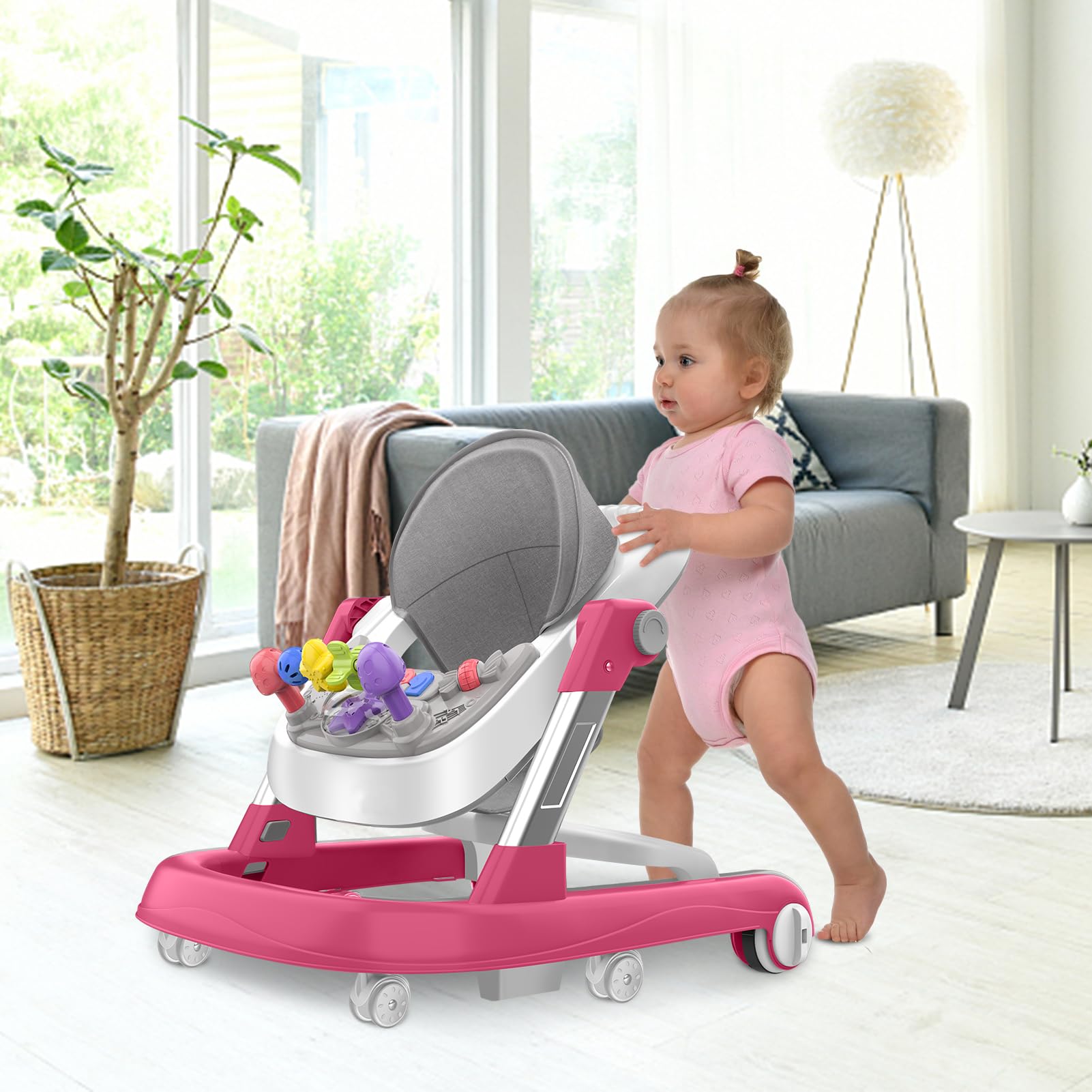 (Rose-red) Baby Walker, 6-Gear Height Adjustable Foldable Baby Walkers ...