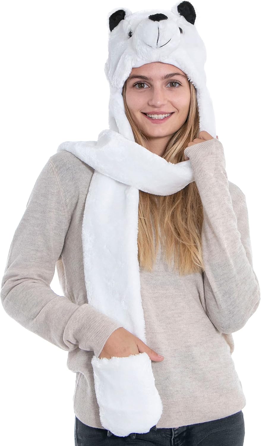 Winter Warm Plush Faux Fur Animal Paws Hat Hoods Gloves Scarf, Bear at ...