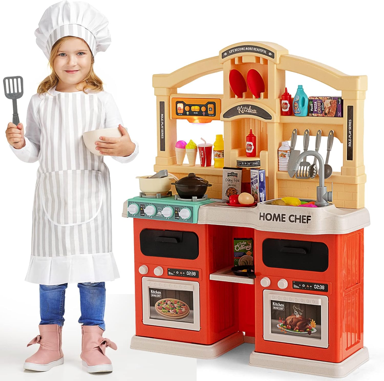 Maxmass Large Kids Play Kitchen, 69PCS Pretend Kitchen Toy Set with ...