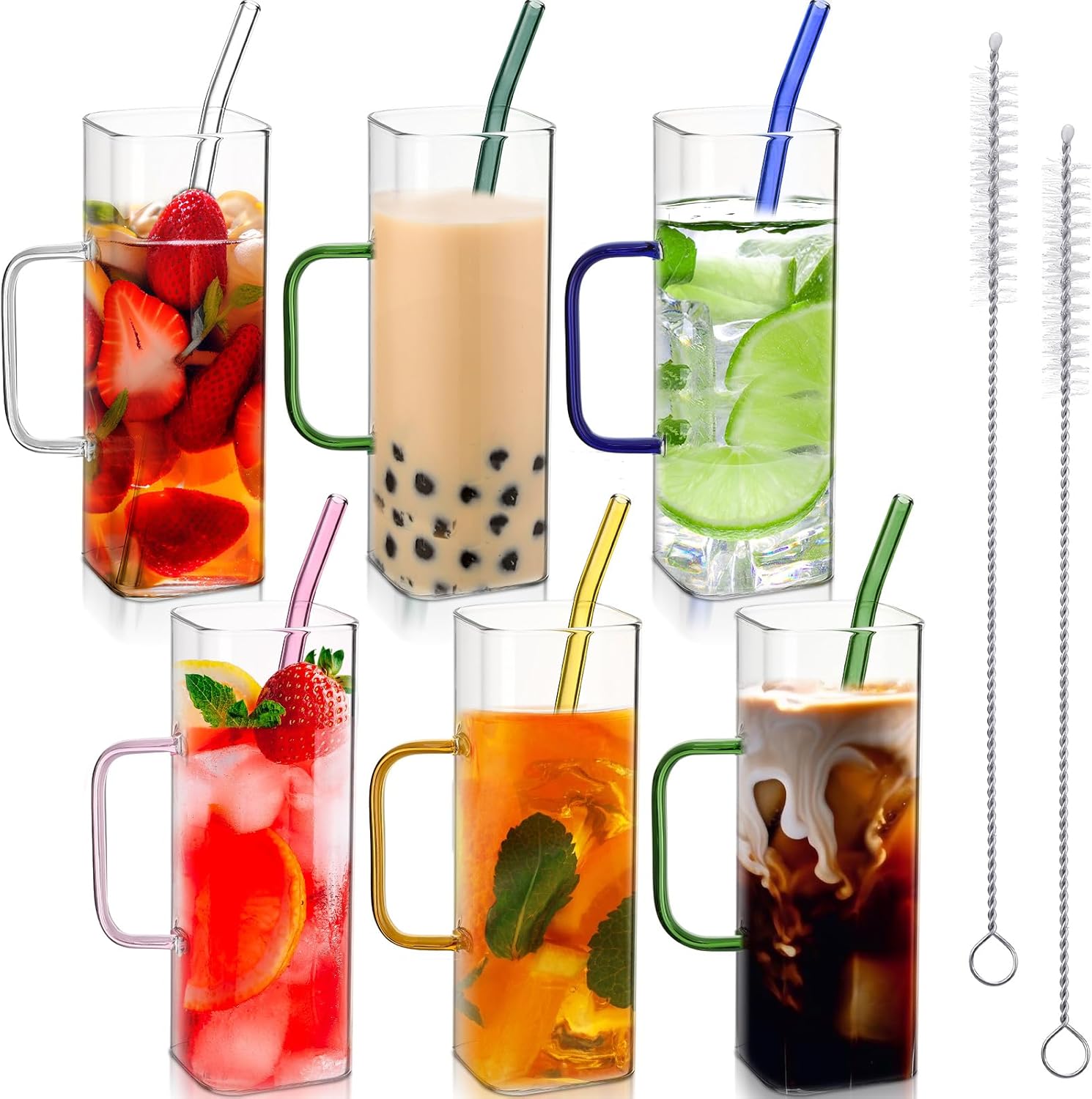 Amazon.com: Gejoy 6 Pcs Square Glass Cups with Straws Thin Cute ...