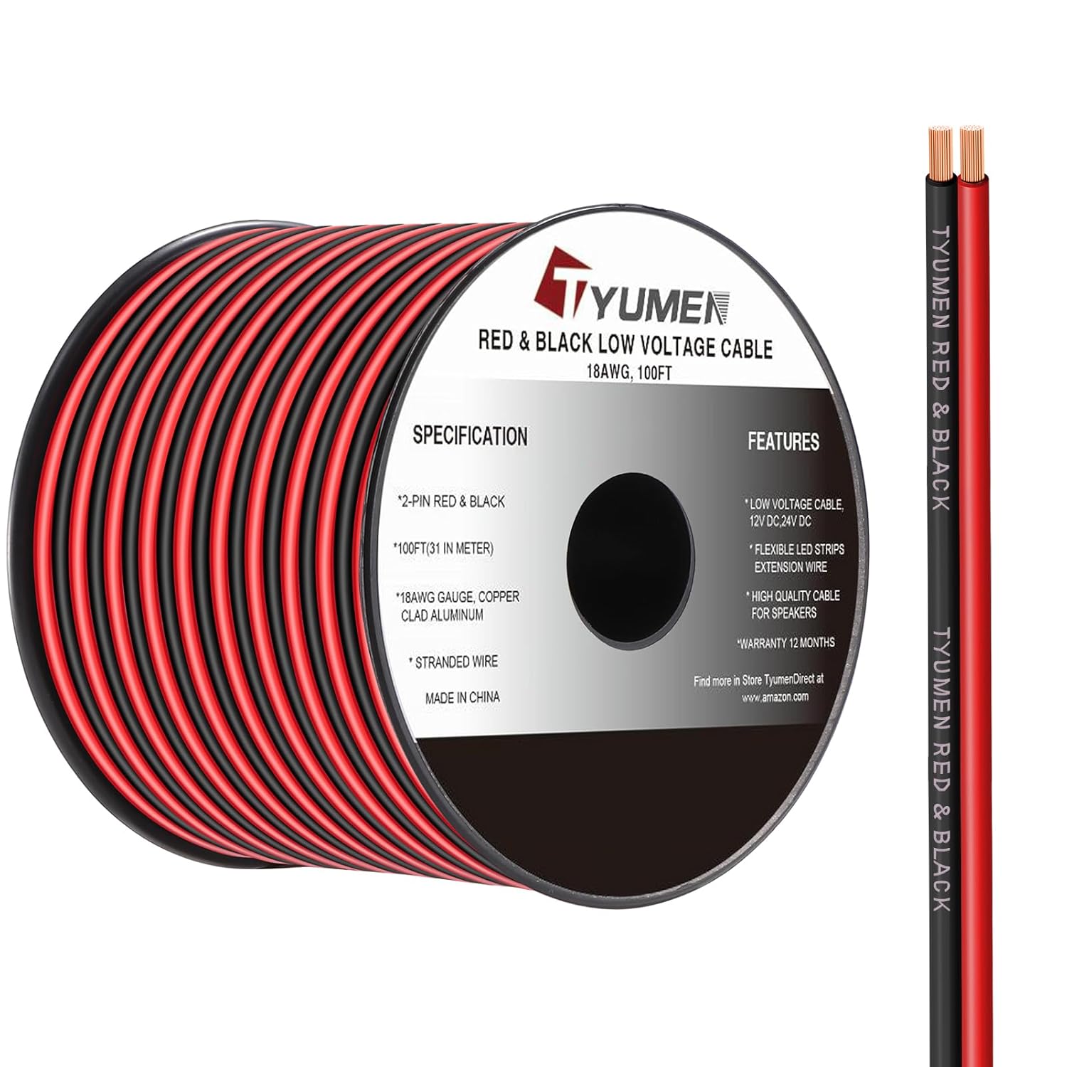 TYUMEN 100FT 18 Gauge 2pin 2 Color Red Black Cable Hookup Electrical ...