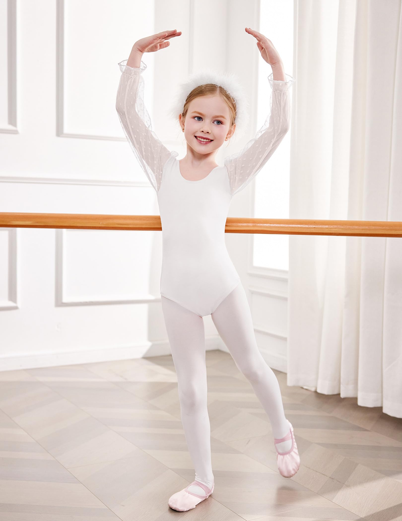 Snapklik.com : Ballet Leotards For Girls Polka Dots Sheer Long Sleeve ...