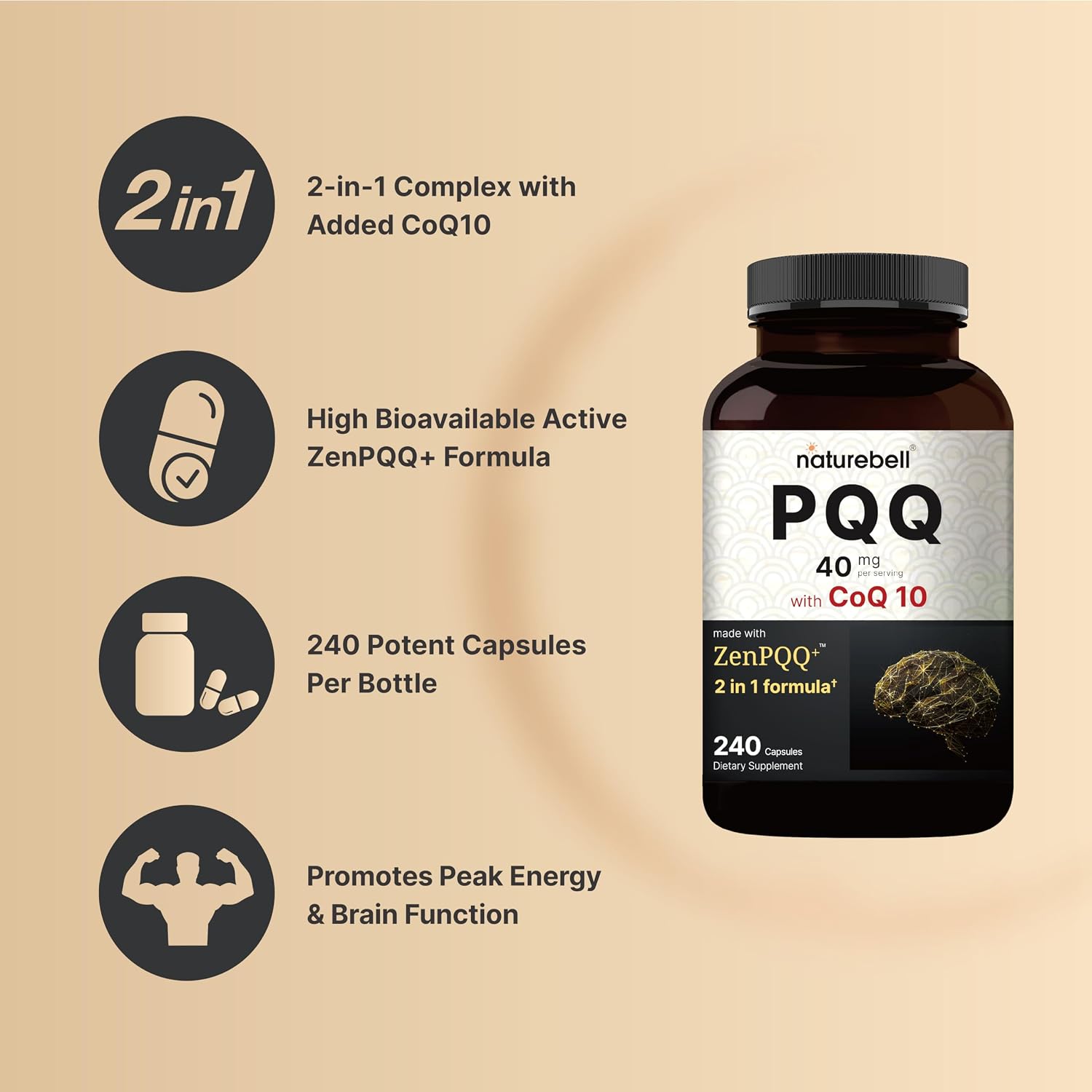 NatureBell PQQ 40mg por Dose com CoQ10, 240 Cápsulas | Fórmula ZenPQQ+ ...