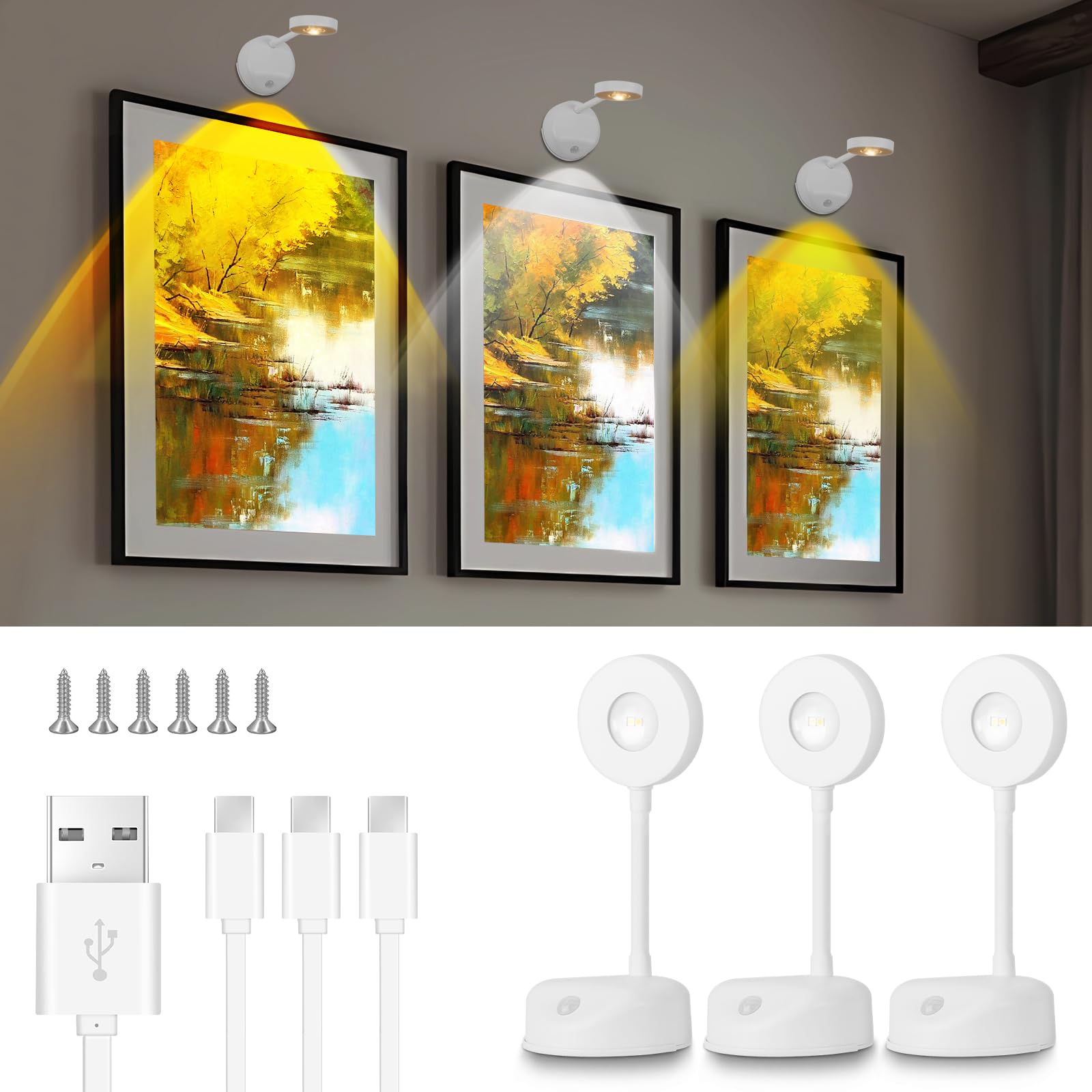JNGMAIR 3Pack Wireless Picture Light Battery Operated, 2200mAh ...