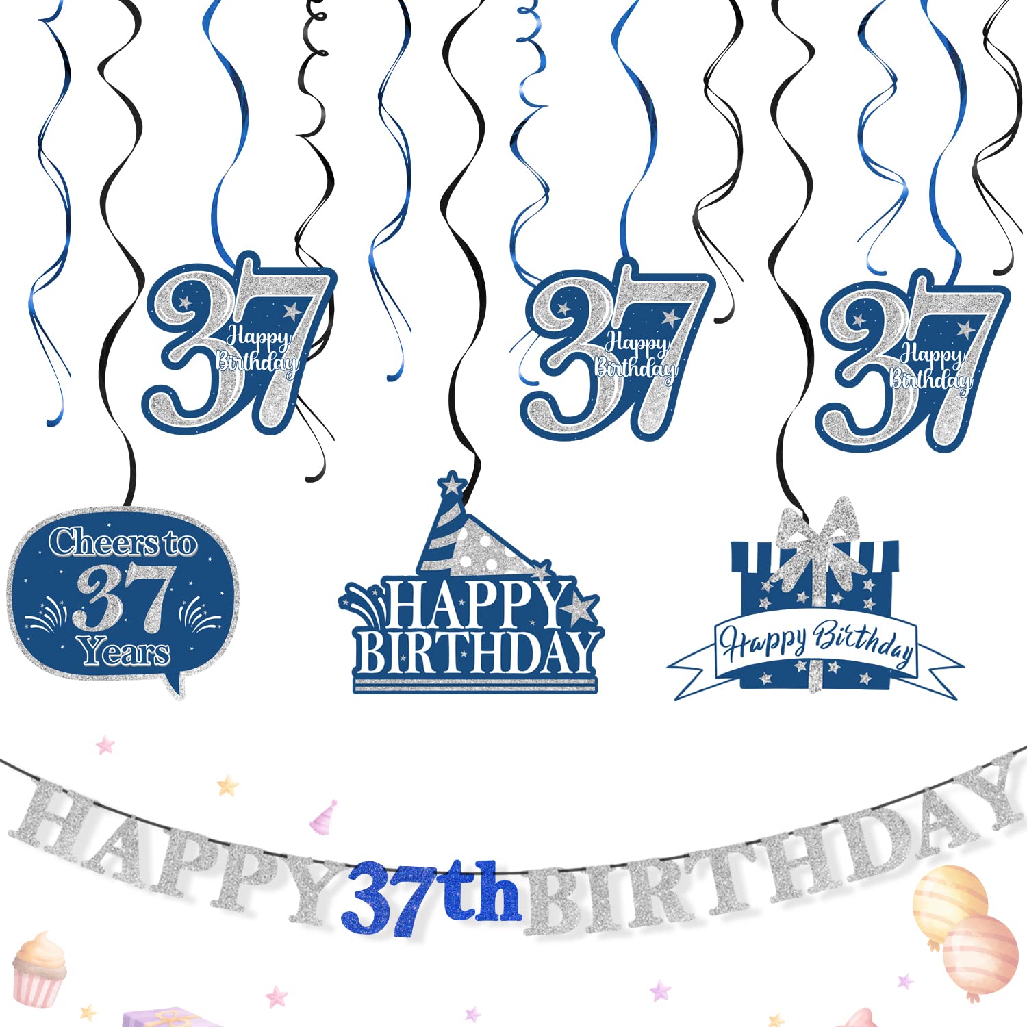 Amazon.com: AERZETIX Happy 37th Birthday Blue Decorations Set,12Pcs ...