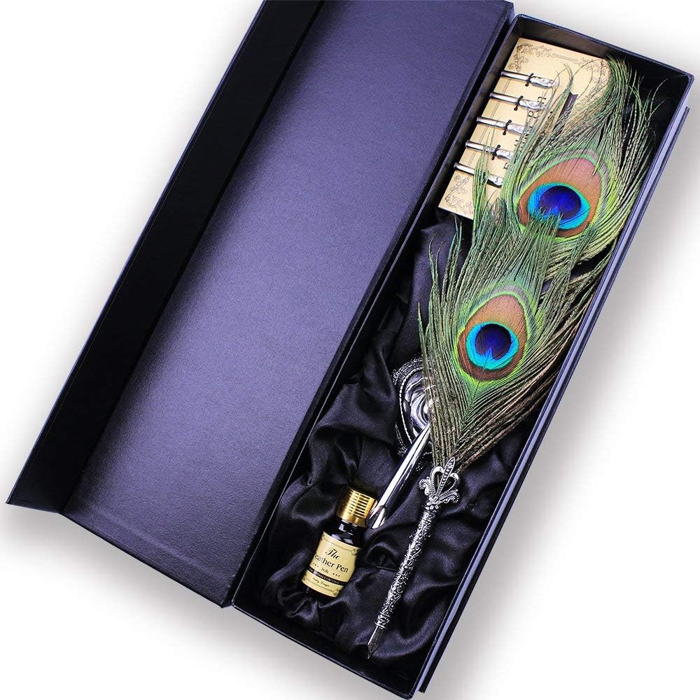 Amazon.com: Featty Gifts Antique Natural Peacock Feather Pen,Retro ...