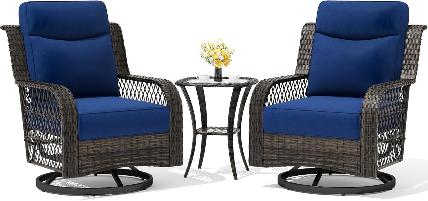PIZZELLO Outdoor Swivel Chairs 3 Piece Wicker Rocking Charis Set Patio ...