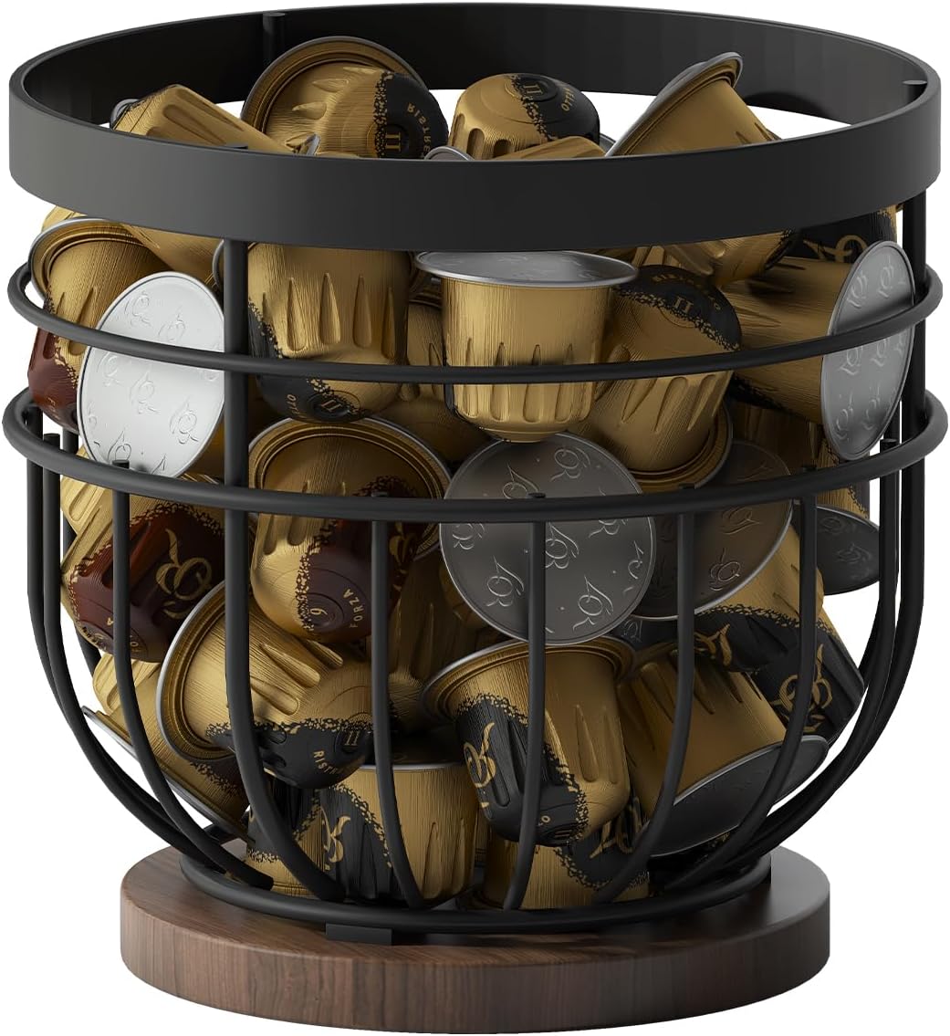 Amazon.com: K Cup Holder - Stylish Black Wire Basket w/ Acacia Wood ...