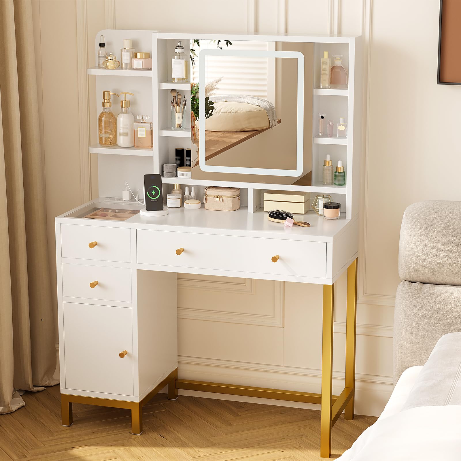 Amazon.com: Makeup Vanity with Led Lighted Mirror & Power Outlet, 3 ...