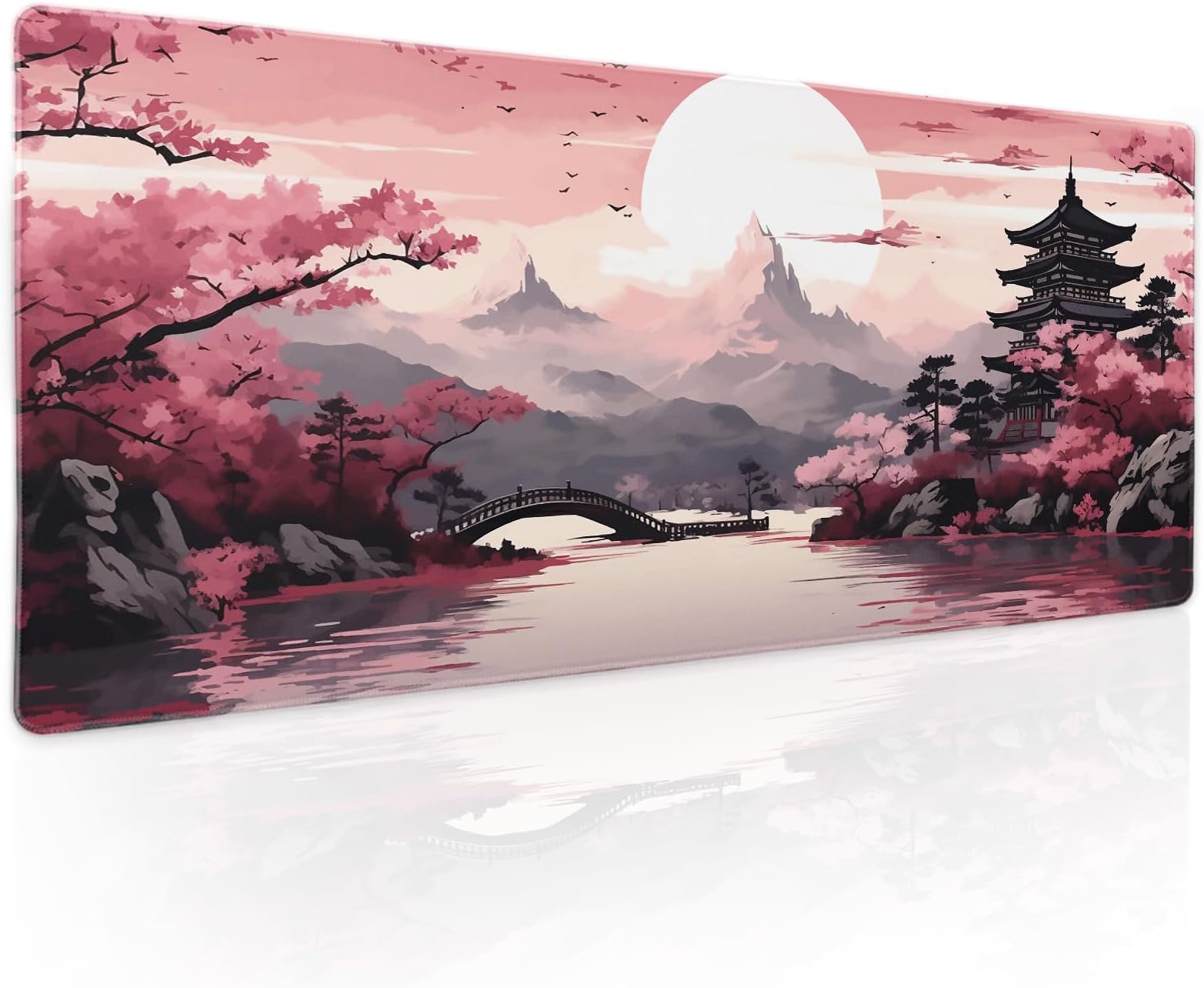 Pink Japanese Sakura Gaming Mouse Pad XL Cherry Blossom Tower Mountain ...
