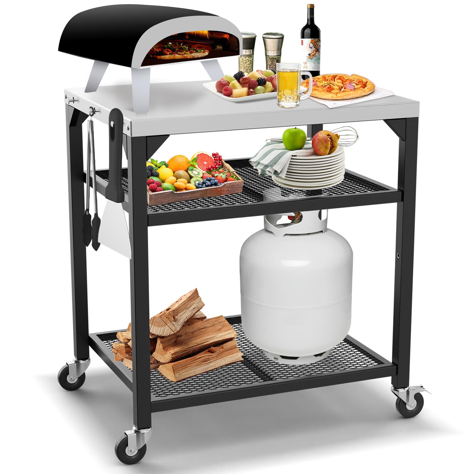 BBQMall Upgrade Pizza Oven Table Cart for Ooni, Ninja Woodfire ...