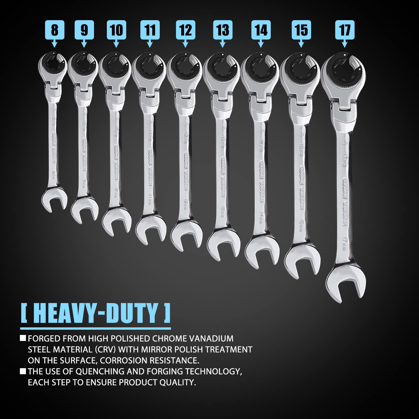 LOSCHEN 9PCS Metric Open Flex-Head Ratcheting Wrench Combination 8-17mm ...