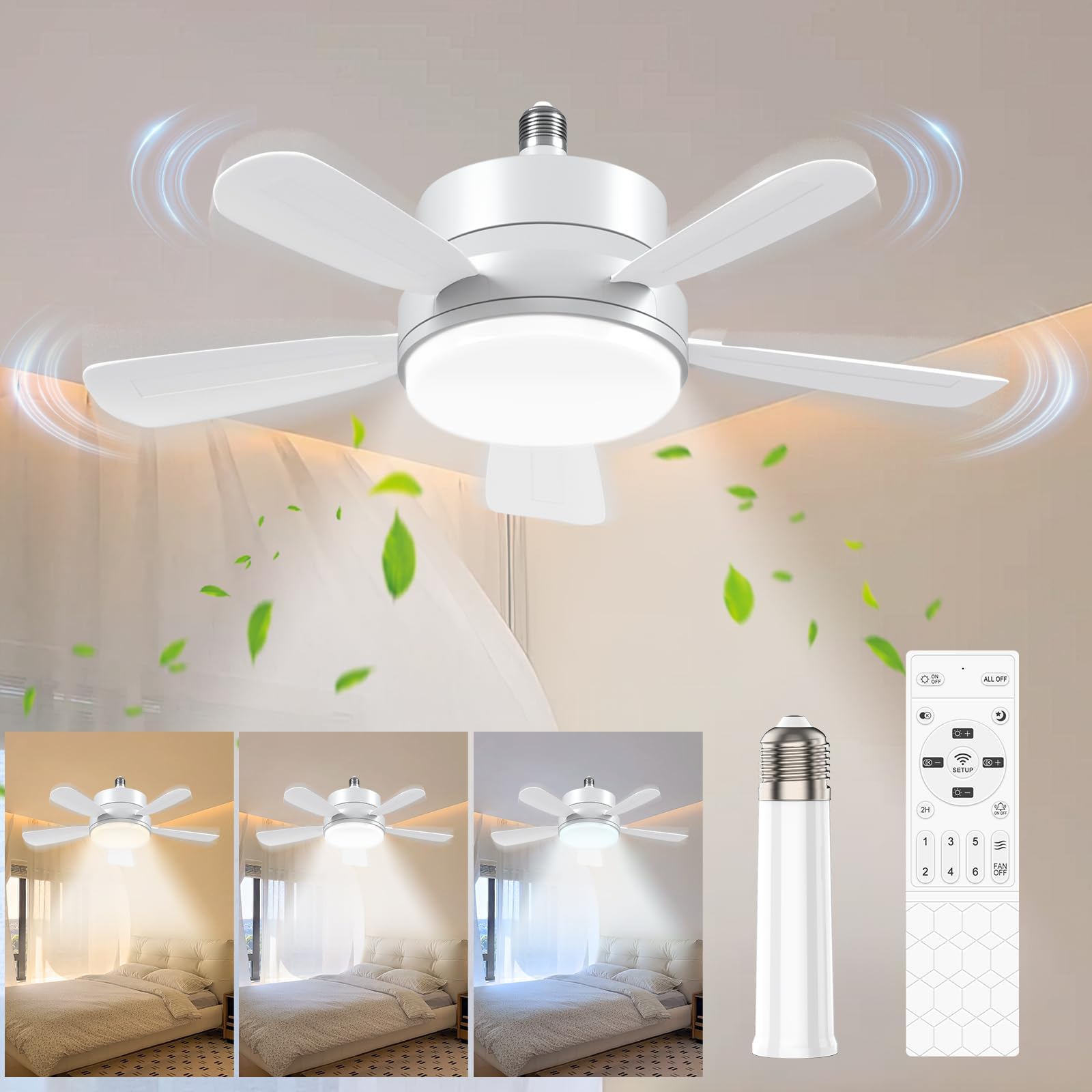 Toowell Small Light Bulb Fan Ceiling Fans with Lights E26 E27 Screw in ...