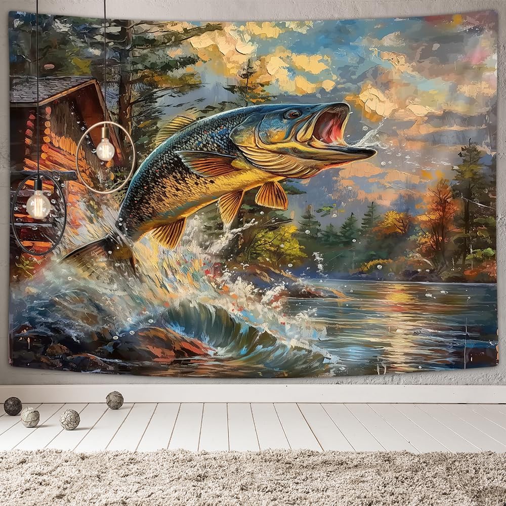 Amazon.com: Xguatan Rustic Cabin Tapestry, Country Lodge Bass Fish Lake ...