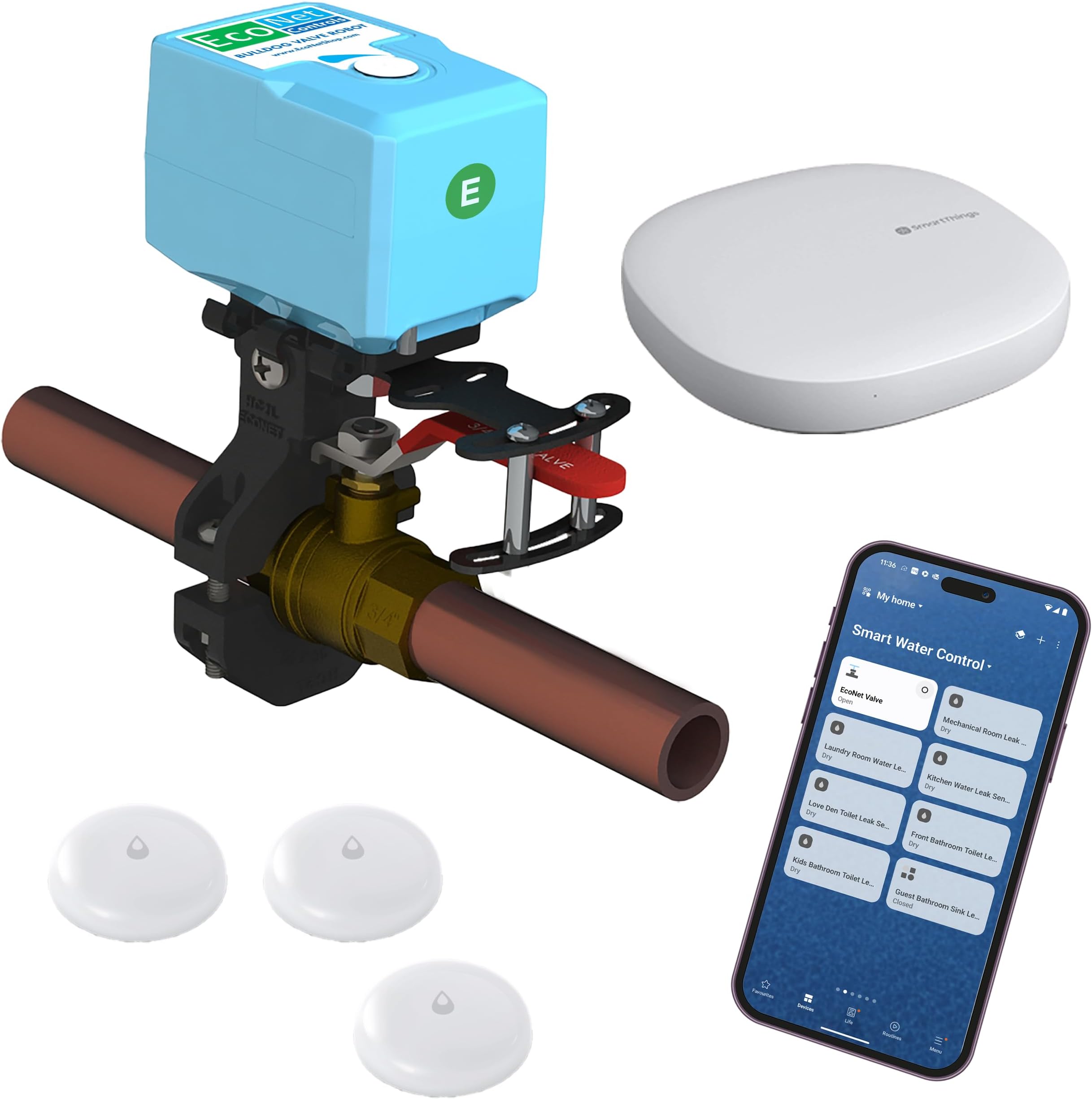 EcoNet Bulldog Smart Water Shut-Off Starter Kit, Aeotec Hub & 3 Zigbee ...