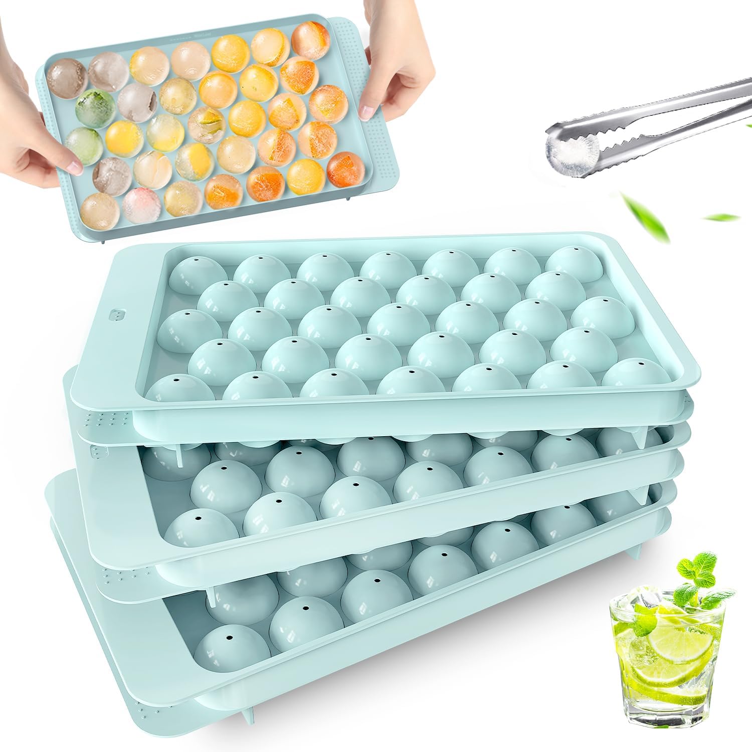 VEHHE Ice Cube Tray, 3 Pack Round Ice Cube Mold with Lid