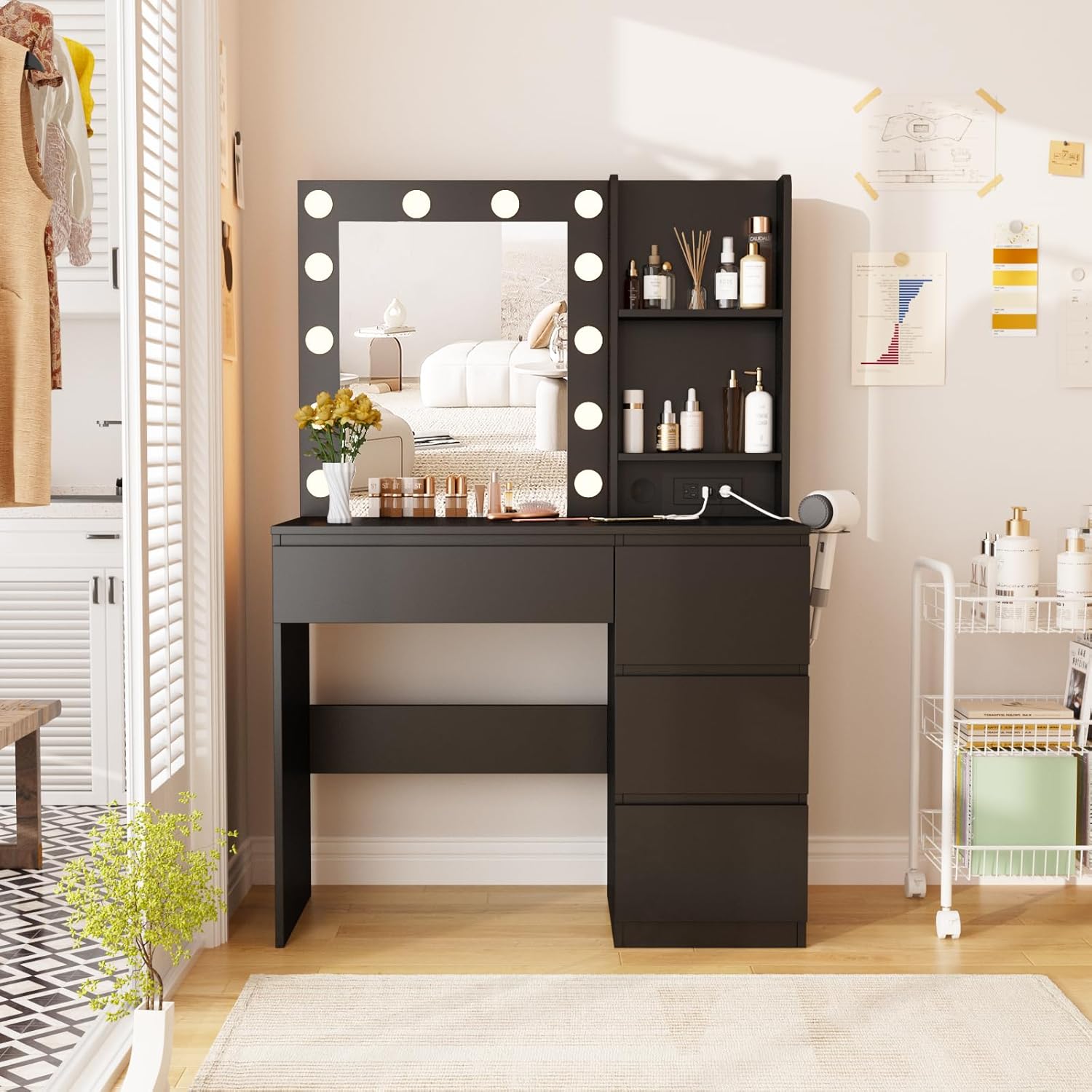 Amazon.com: Fameill Black Makeup Vanity with 10 Lights & Power Outlets ...