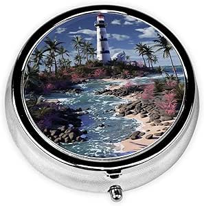 Lighthouse and Palm Trees Pill Box Metal Round Small Pill Case Cute 3 ...
