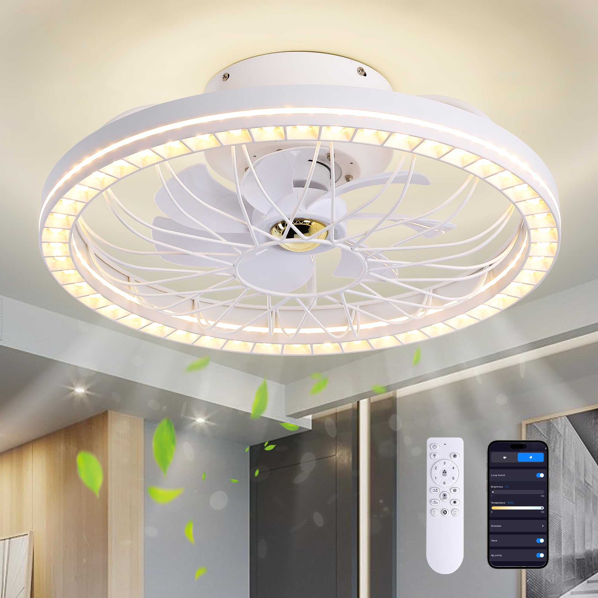 REDSTAR Smart LED Ceiling Fans - 19 inch Flush Mount Ceiling Fan with ...