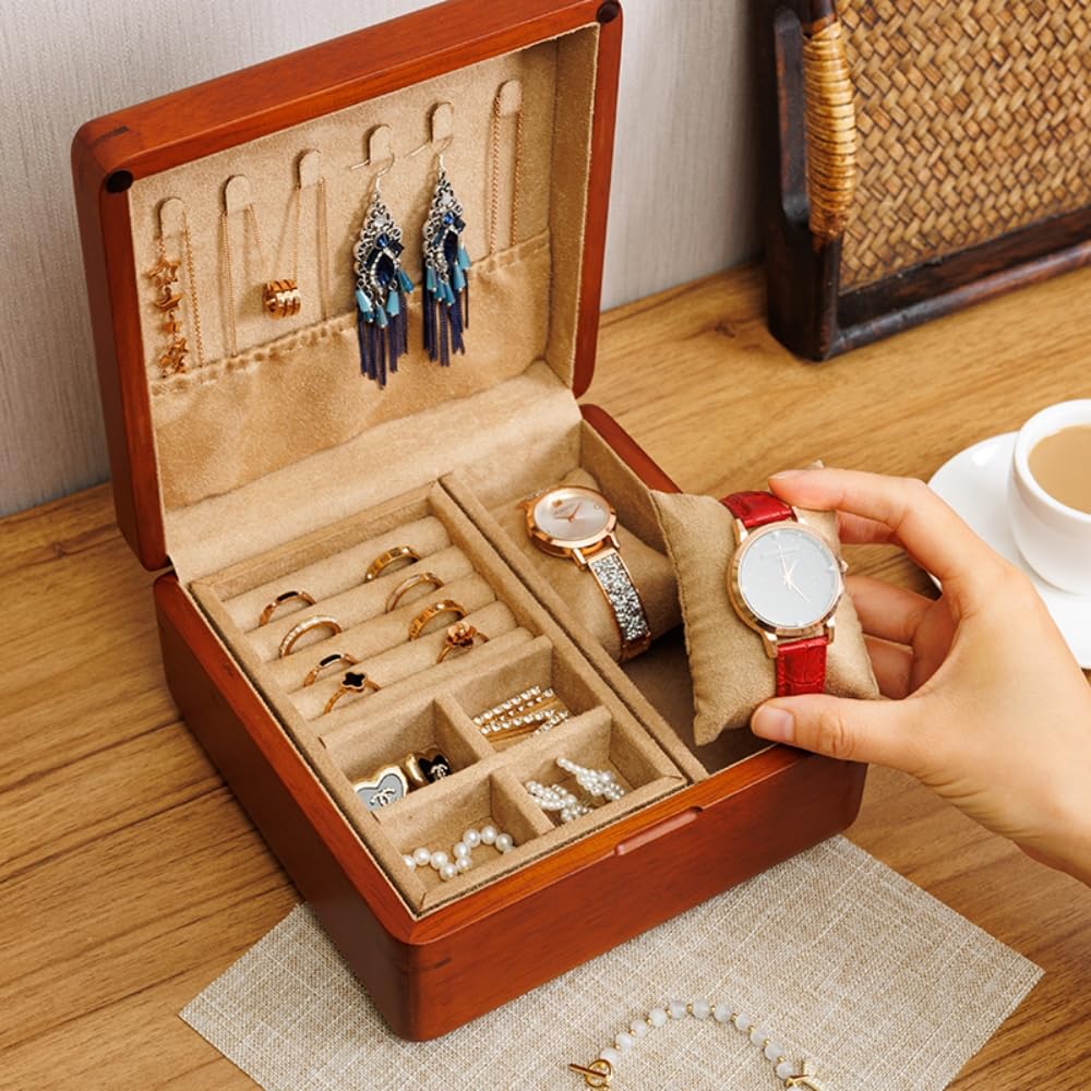 Amazon.com: LIBOLXSP 2 Layer Natural Solid Walnut Wood Jewelry Box for ...