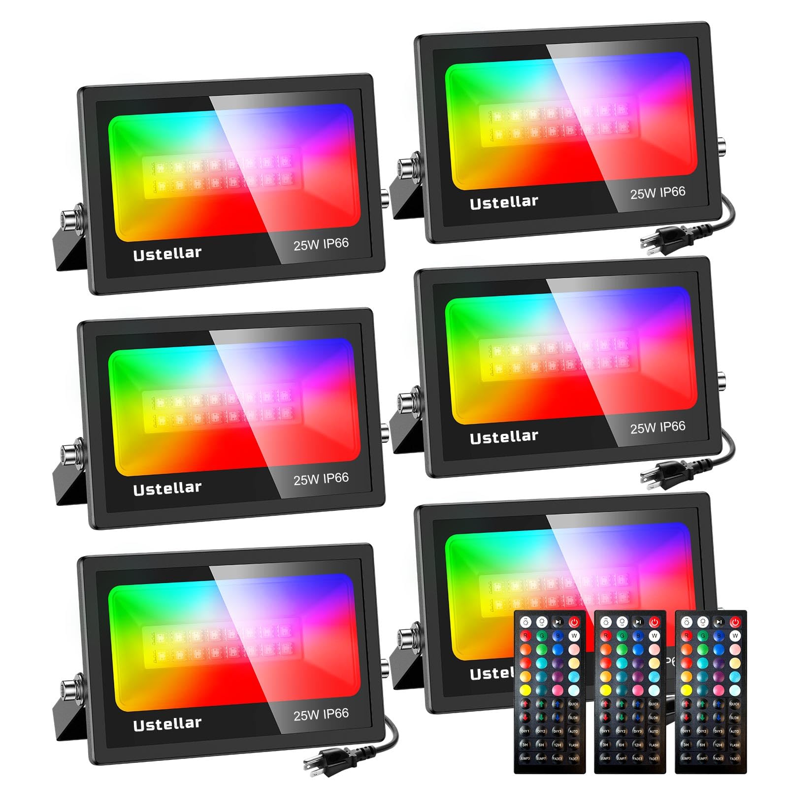 Ustellar 6 Pack 25W LED Flood Light 250W Equivalent, Color Changing RGB ...