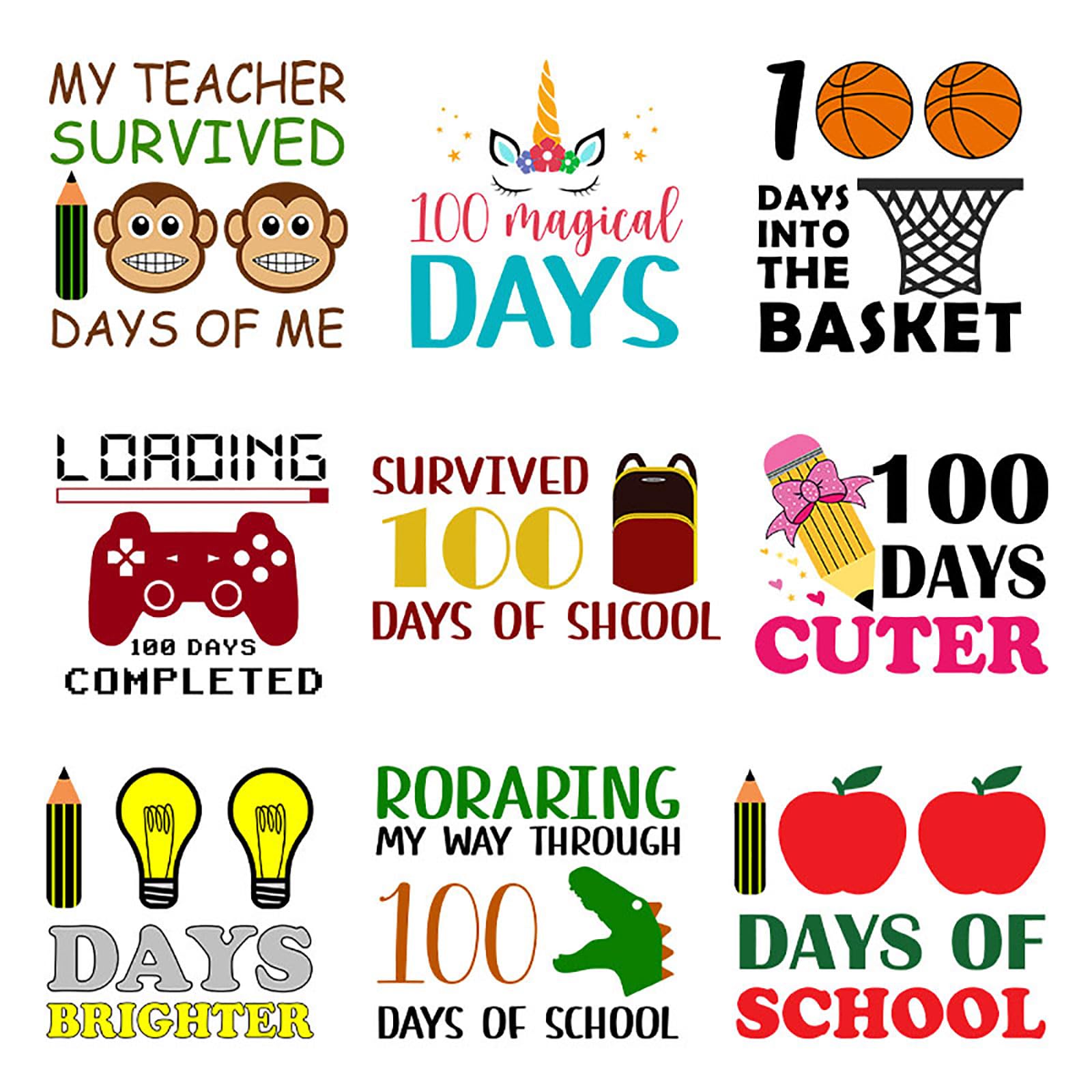 Amazon.com: 9Pcs 100 Day School Iron on Transfers Decals DIY Iron on ...