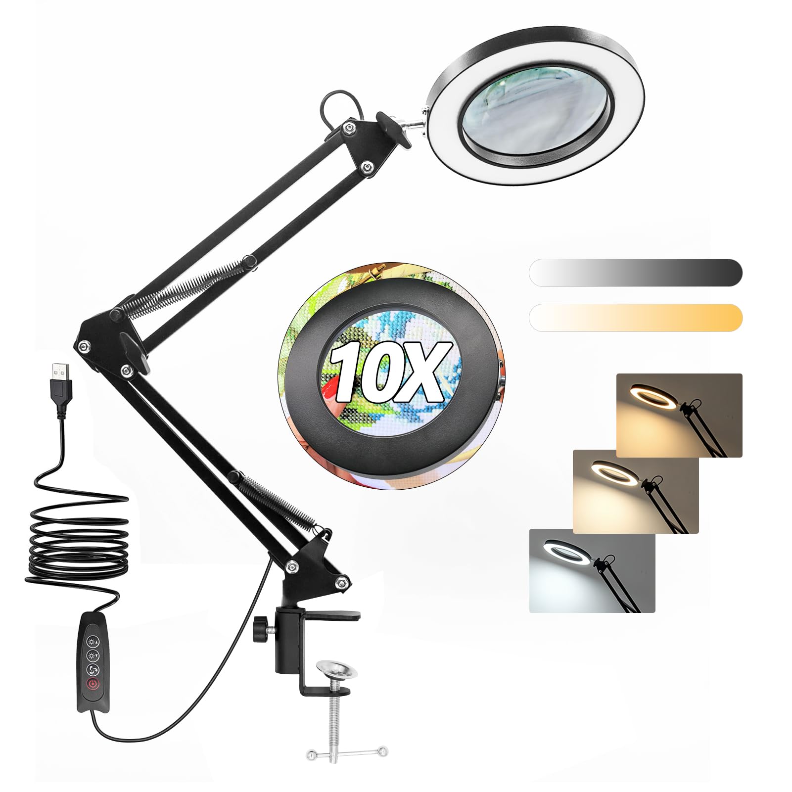 10X Magnifying Glass with Light, Magnifying Desk Lamp with Clamp, 3 ...