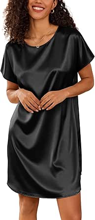 Ekouaer Women's Satin Nightgown Short Sleeve Sleepshirt Scoop Neck Nightshirt Silk Sleepwear ...