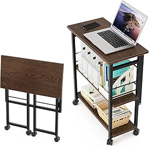 Amazon | DEWEL 折り畳みデスク 収納棚付き パソコンデスク テレワーク幅60×奥行30×高さ70cm 中棚3段階調整 組立簡単 キャスター付き 拡張用 在宅勤務 作業台 棚板高さ ...