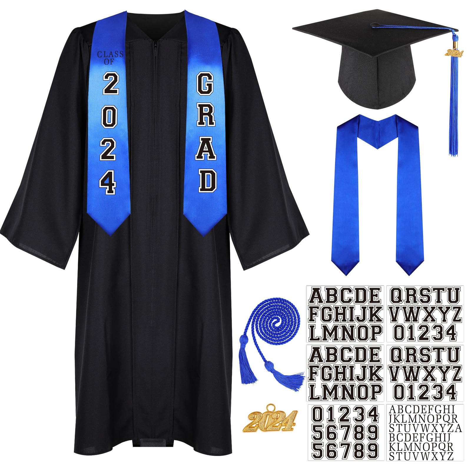 Matte Graduation Cap and Gown 2024 Set Unisex Tassel Stole Charms with ...