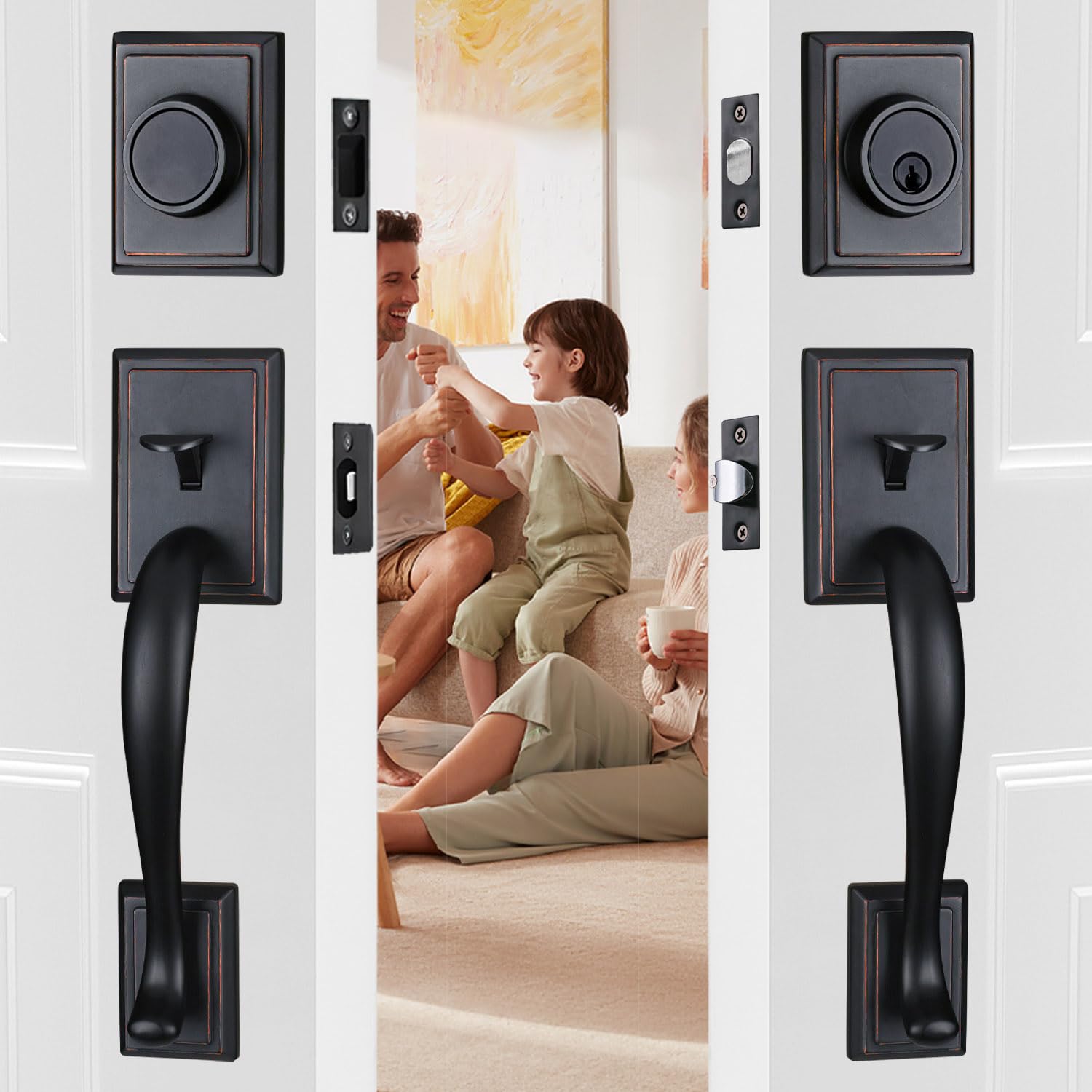 HISAFE Oil Rubbed Bronze Front Double Door Handle Set, Keyed & Dummy Solid Exterior Door Lockset ...