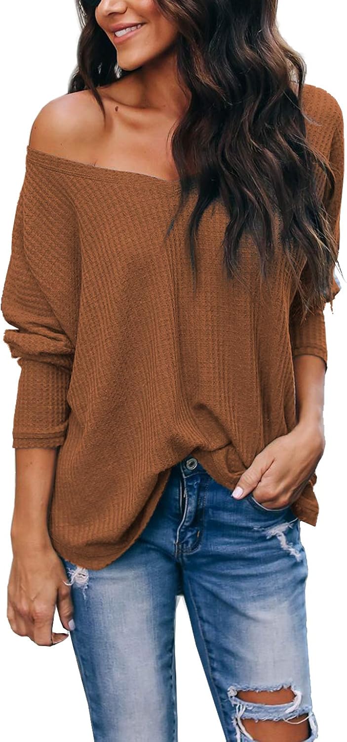 iGENJUN Women's Casual V-Neck Off-Shoulder Batwing Sleeve Pullover ...