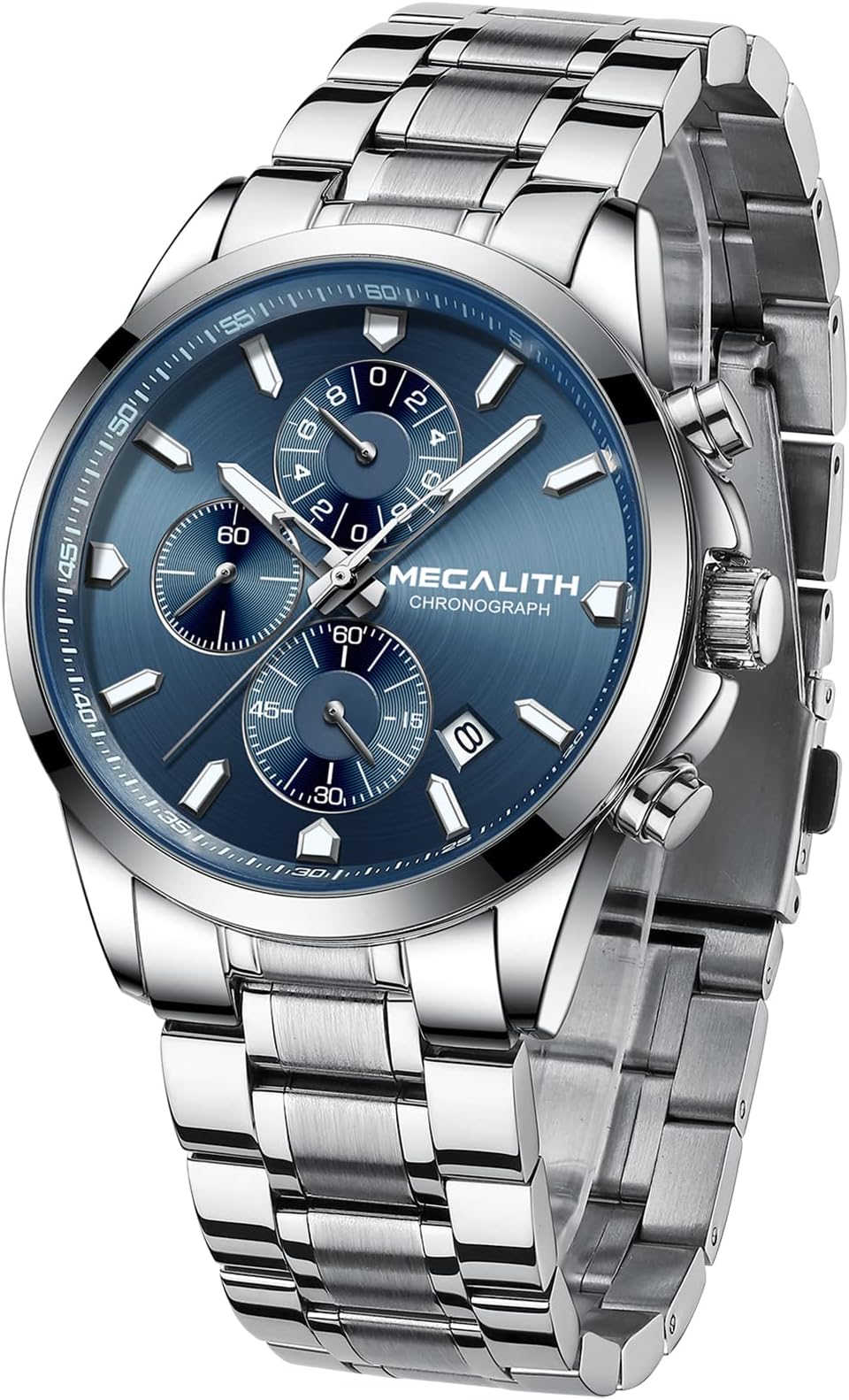 MEGALITH Mens Watches Silver Stainless Steel Chronograph Analogue Wrist ...