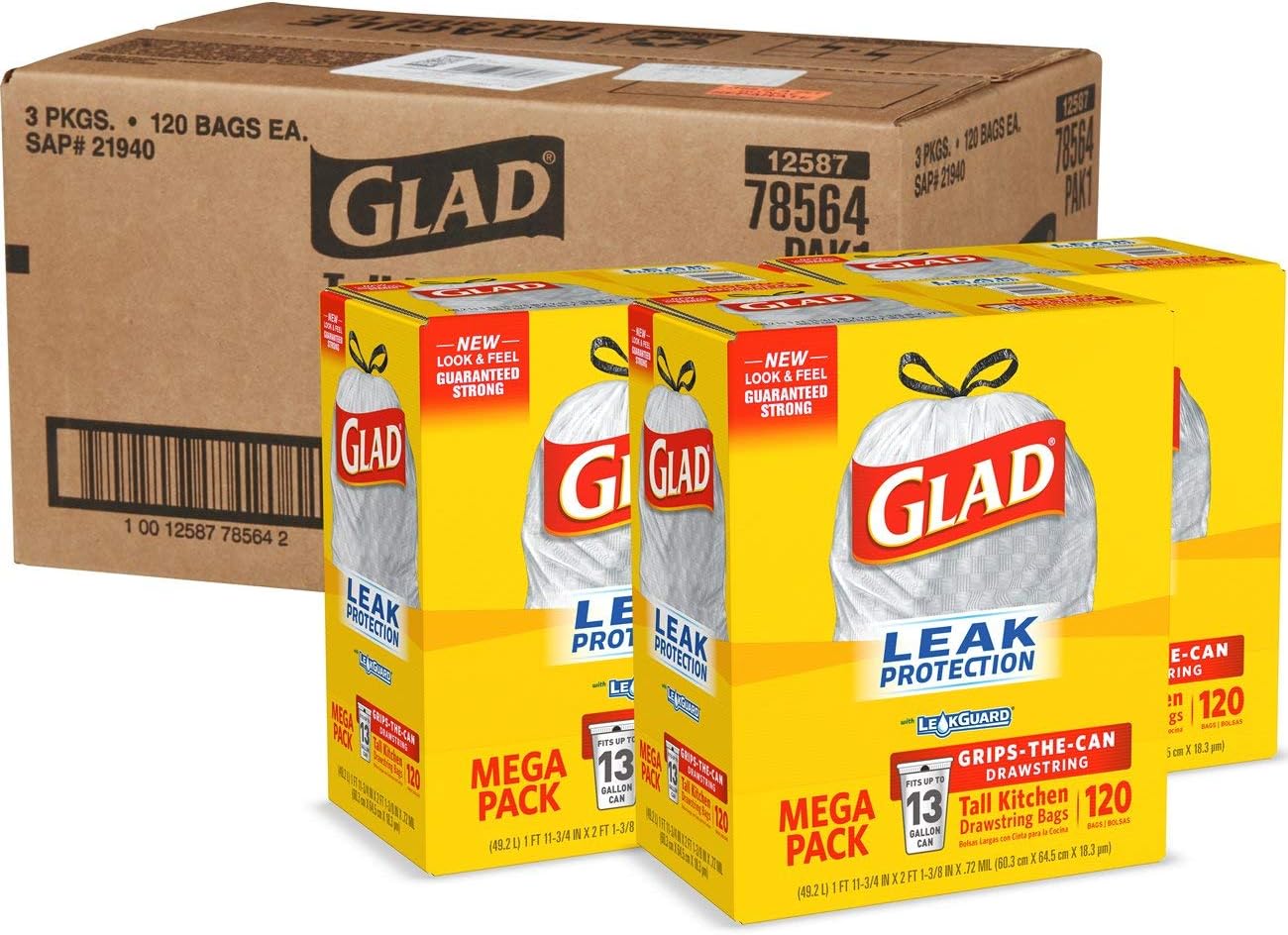 Amazon.com: Glad Trash Bags, Tall Kitchen Drawstring Garbage Bags, 78 ...