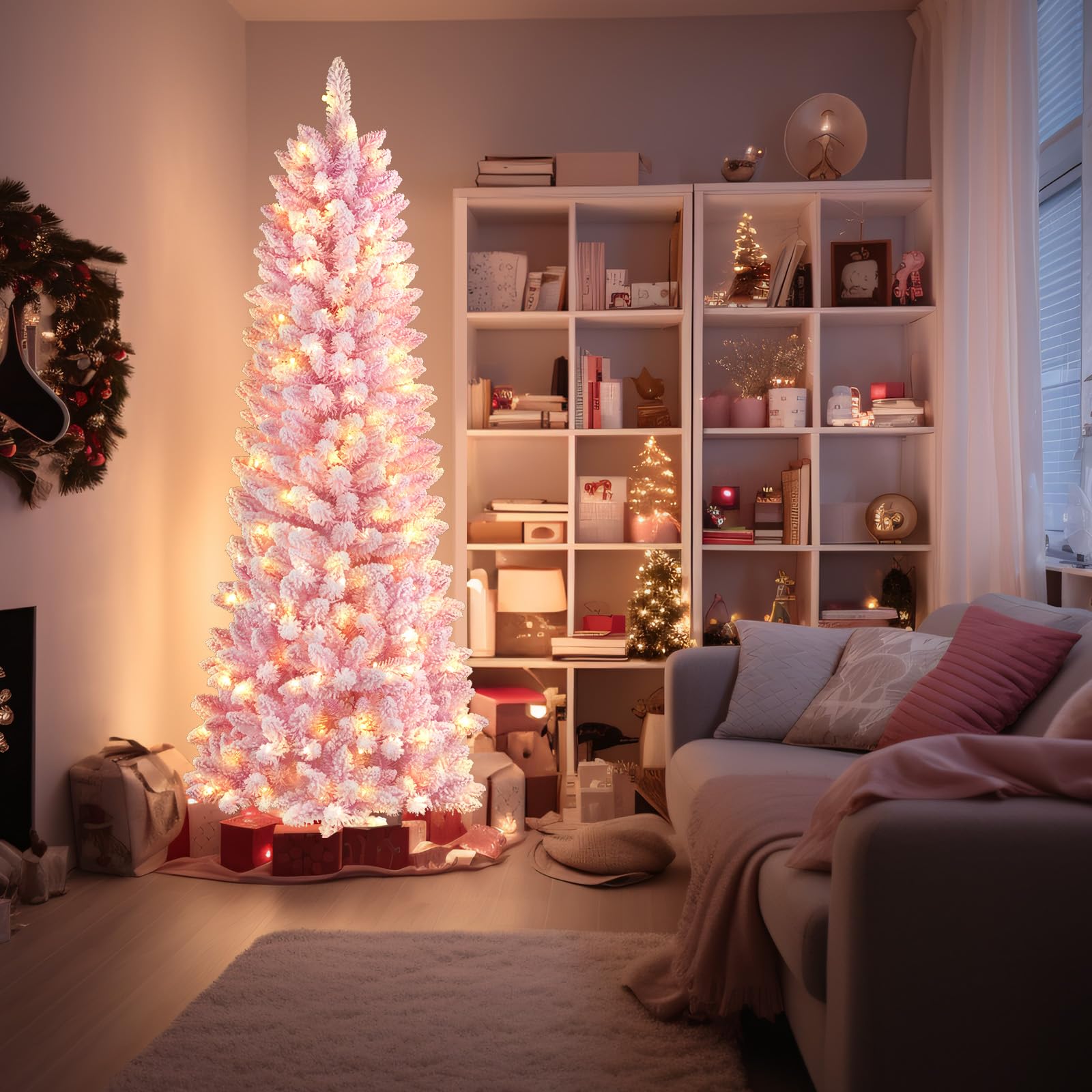 SHareconn 7.5ft Prelit Artificial Snow Flocked Pencil Christmas Tree ...