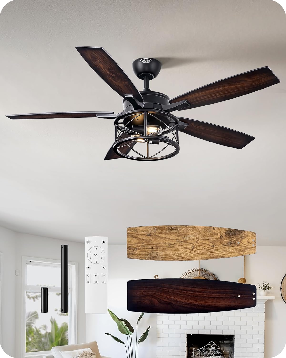 EDISHINE 52 Inch Farmhouse Ceiling Fans with Lights, Remote Control, 5 ...