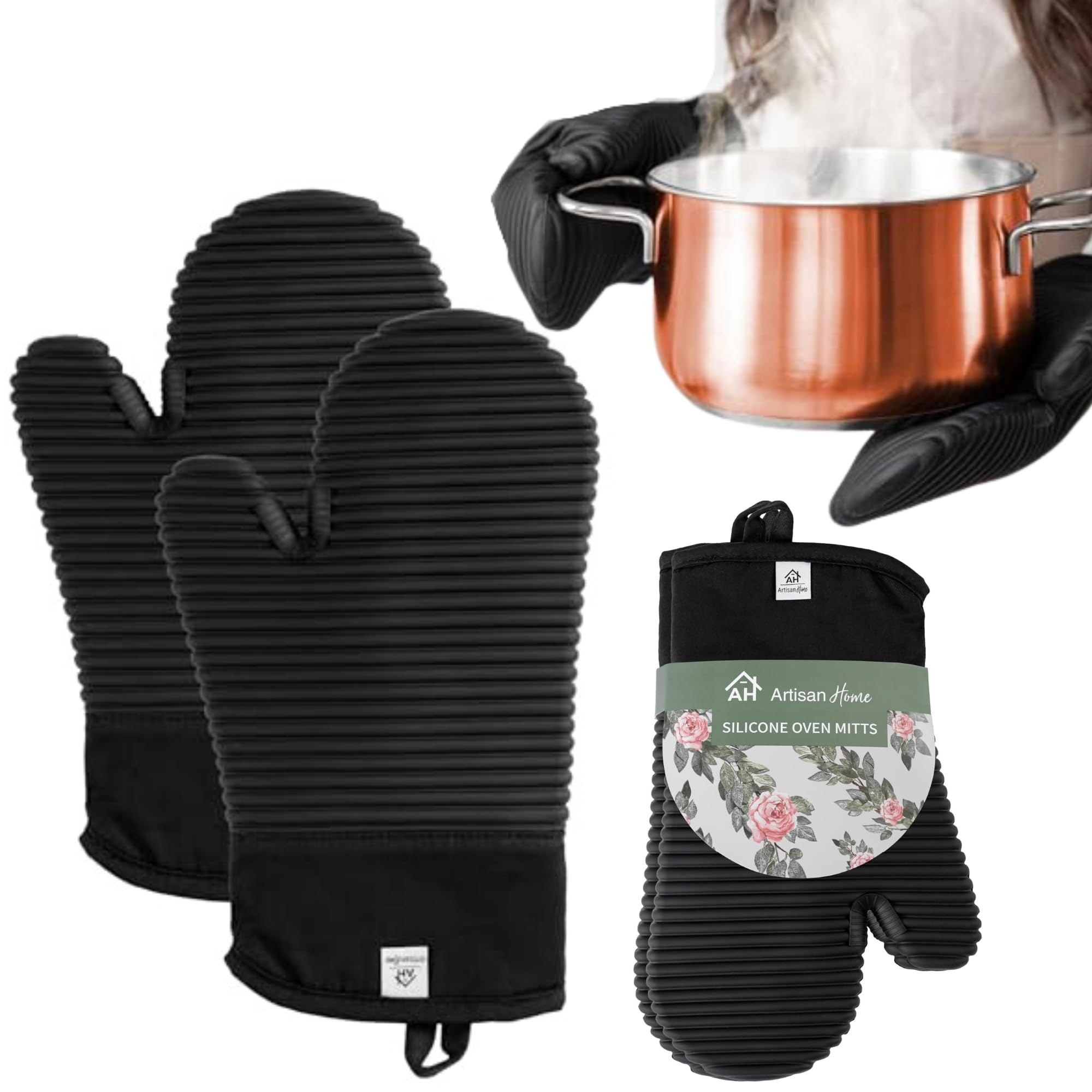 Black Oven Mitts - Pair Of Silicone Oven Gloves UK - Heat Resistant ...