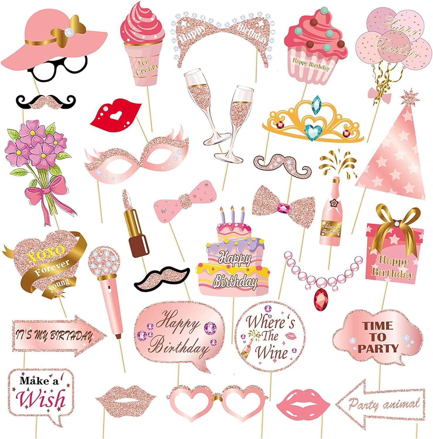 Amazon.com: 33 PCS Birthday Photo Booth Props Kit Rose Gold Birthday ...