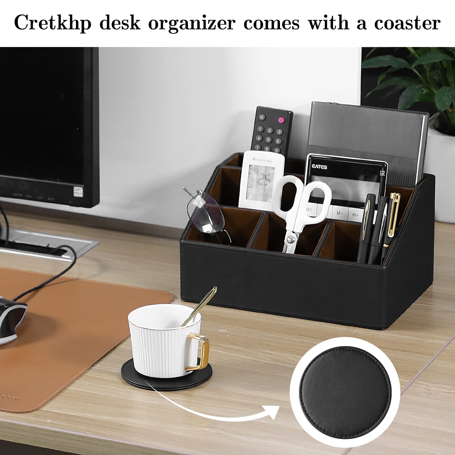 Cretkhp Pu Leather Desk Organizer with Coaster, Multifunctional Storage ...