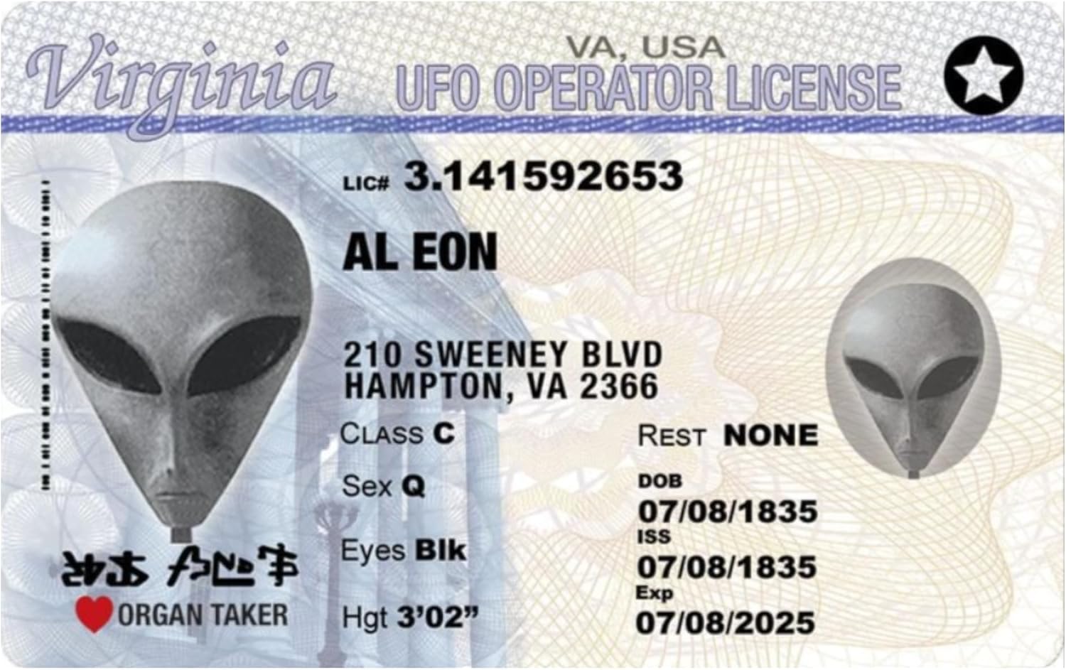 Amazon.com: Signs 4 Fun Parody Driver’s License | Virginia Alien ID ...