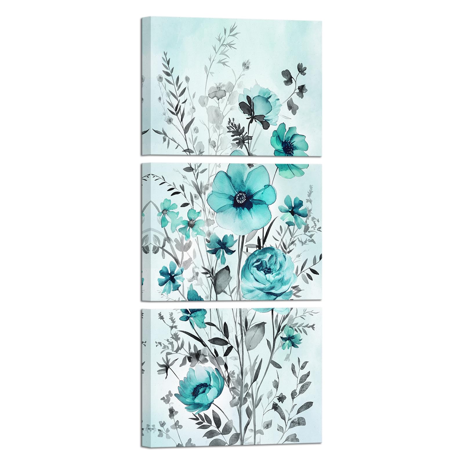 Amazon.com: iHAPPYWALL 3 Pieces Teal Flower Canvas Wall Art Wildflower ...