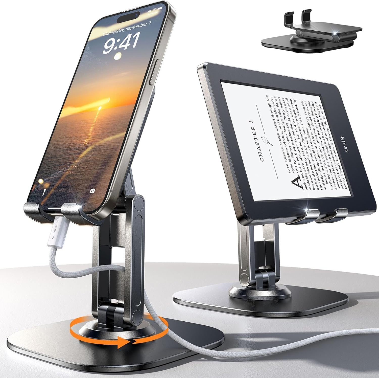 LISEN 360° Rotating Cell Phone Stand for Desk, Triple Folding Elevated ...