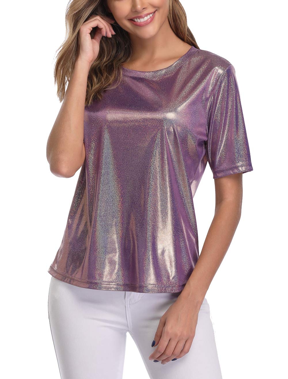 Buy Wudodo Shiny Tops for Women Metallic Party Holographic Shimmer ...