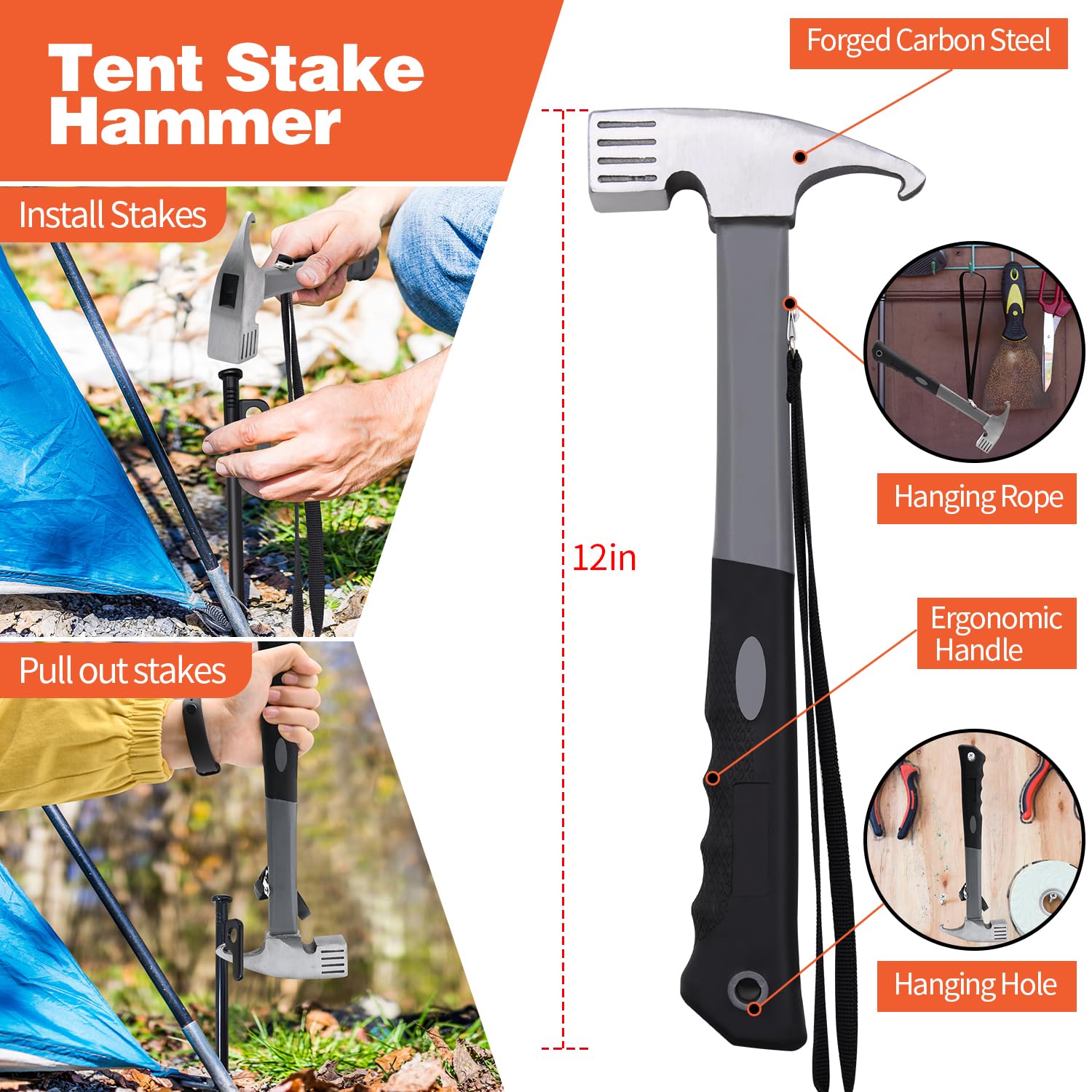 Snapklik.com : Tent Stakes And Hammer Set, 8 Pack 8in Heavy Duty Forged ...