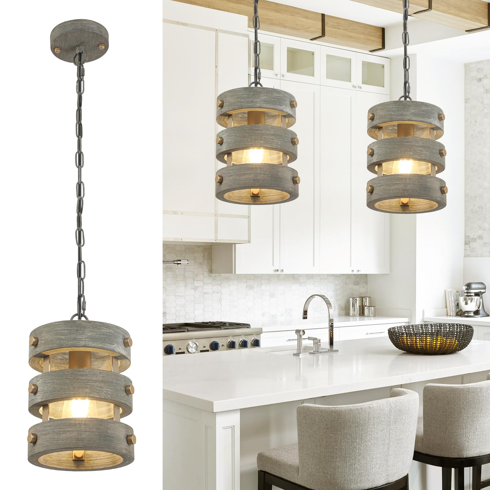 YongMing CL 1-Pack Rustic Wooden Pendant Light Fixture Farmhouse ...